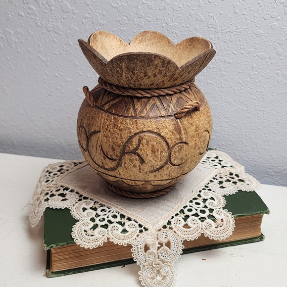 Accents | Vintage Handmade Coconut Shell Vase Carved Brown Details ...